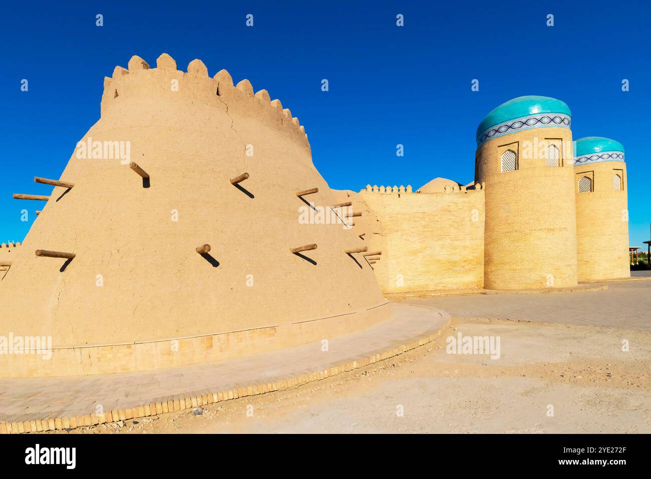The Khiva city wall of outer town, called Dichan Kala. Khiva, is a city ...