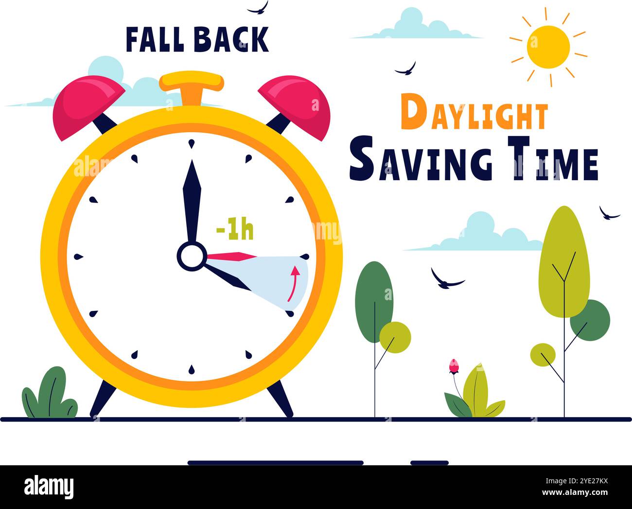 Daylight Saving Time Vector Illustration With Alarm Clock And Calendar Transitioning From Summer