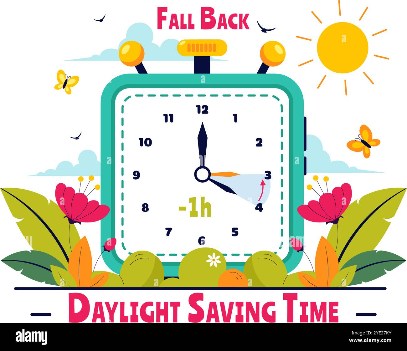 Daylight Saving Time Vector Illustration With Alarm Clock And Calendar Transitioning From Summer
