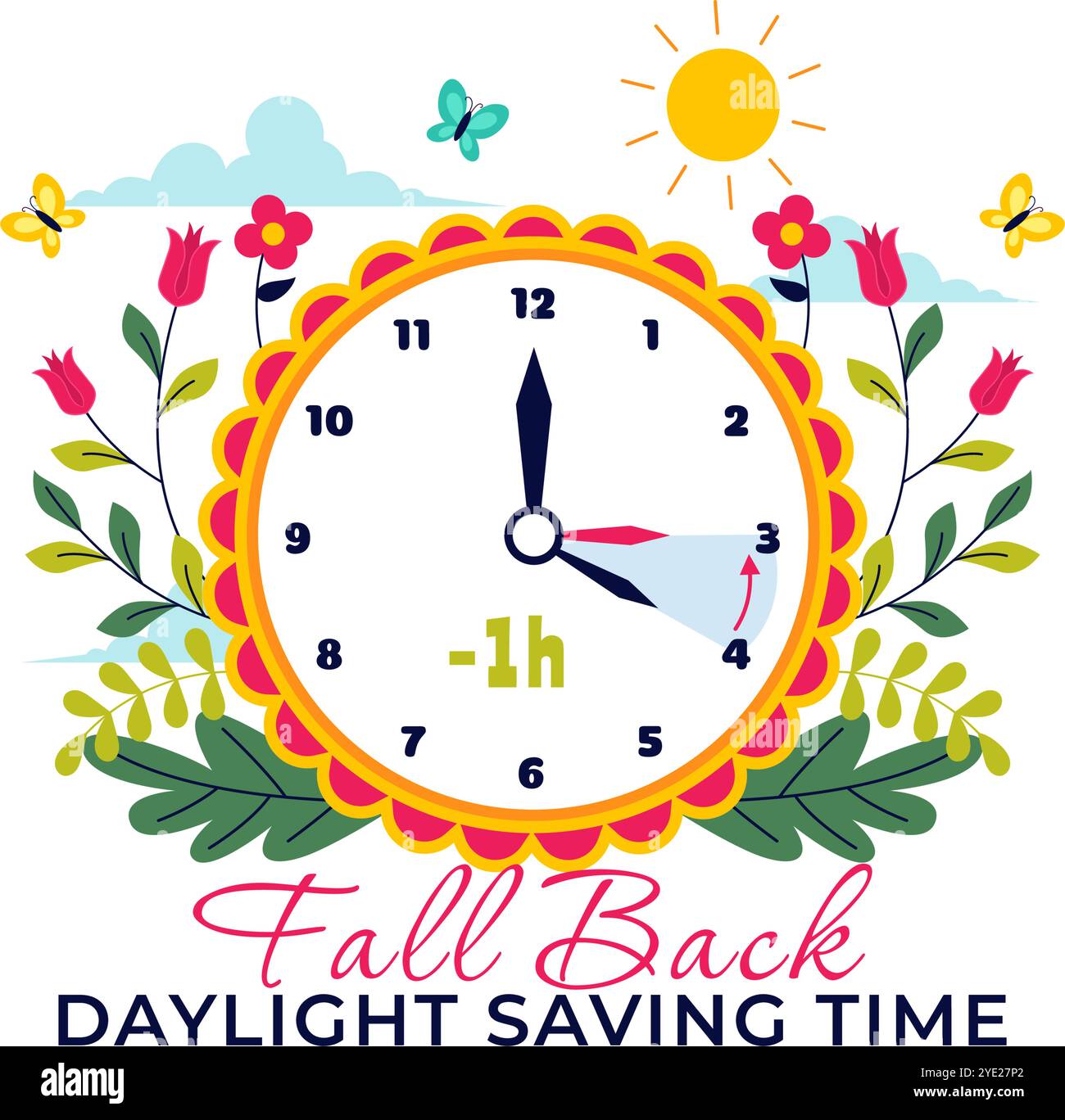 Daylight Saving Time Vector Illustration With Alarm Clock And Calendar Transitioning From Summer