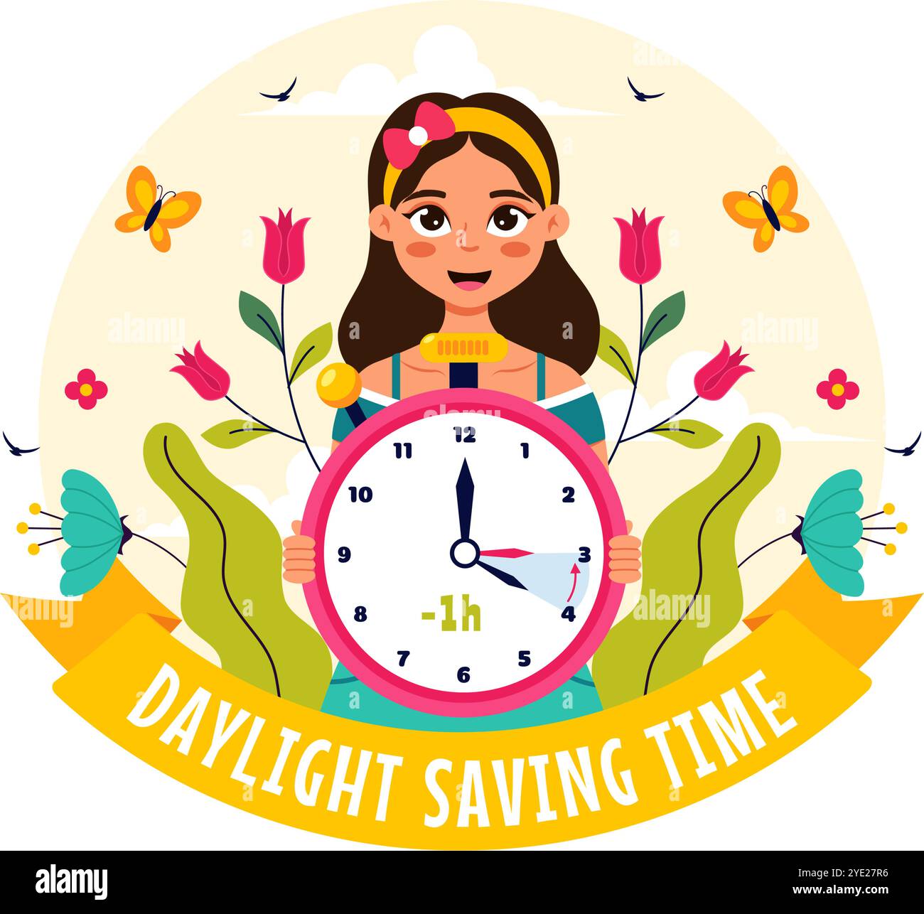 Daylight Saving Time Vector Illustration With Alarm Clock And Calendar Transitioning From Summer