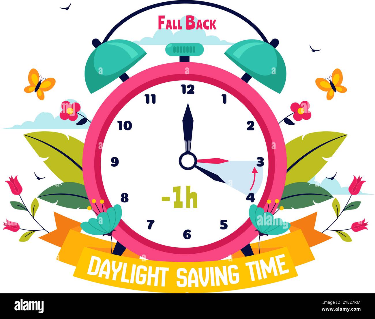 Daylight Saving Time Vector Illustration With Alarm Clock And Calendar Transitioning From Summer