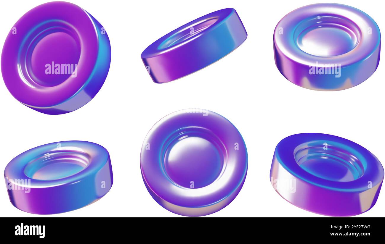 Holographic coins collection. Purple and blue metal money 3d realistic ...