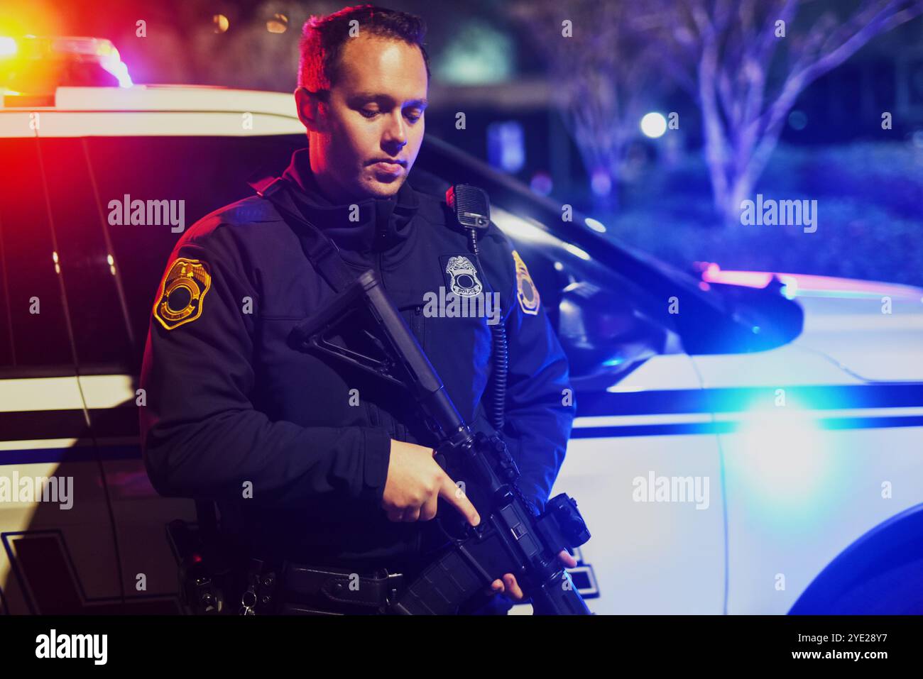 Police, gun and detective with man at night for crime investigation ...