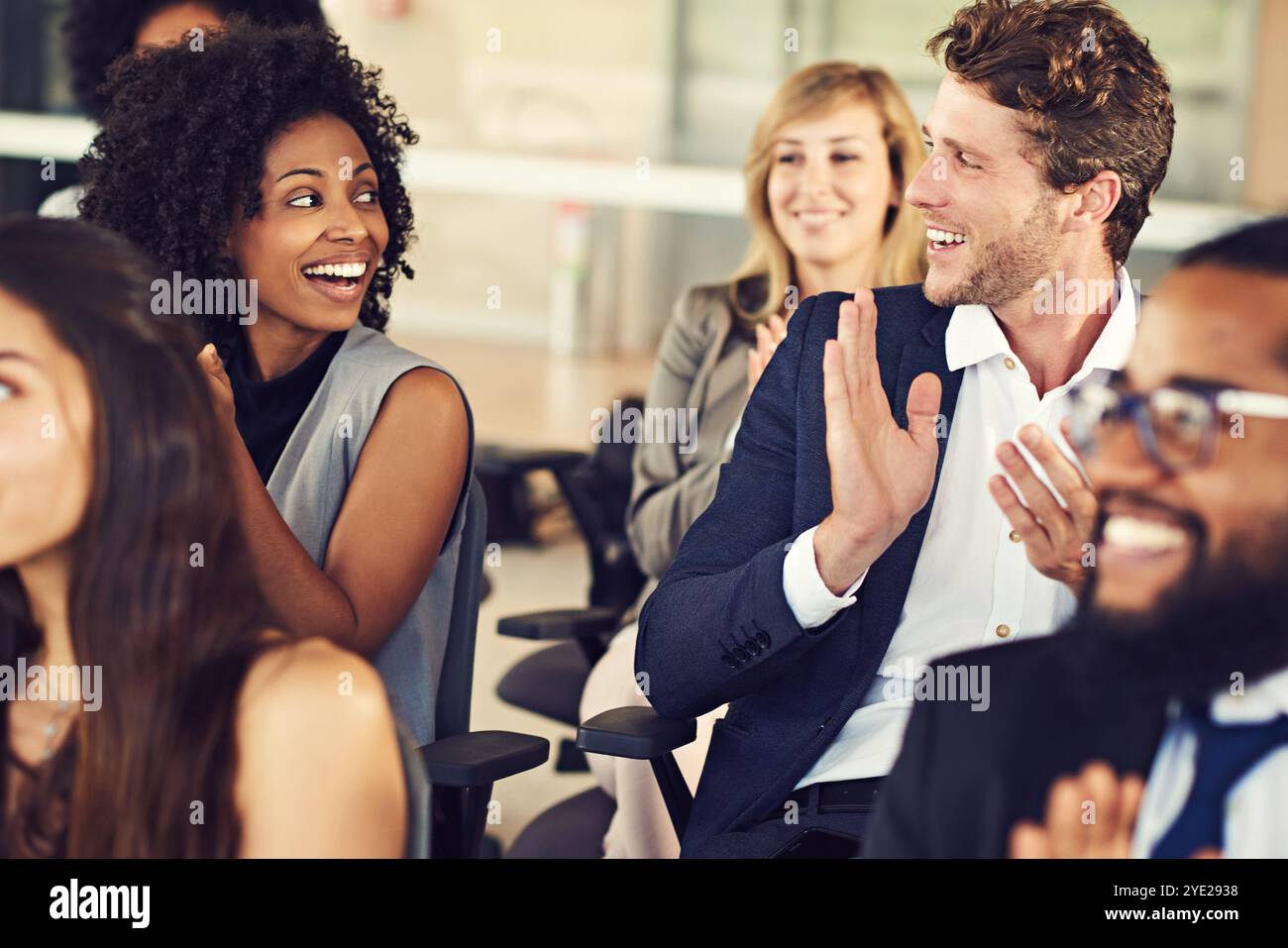 Group, diversity and applause with happiness in seminar for ...