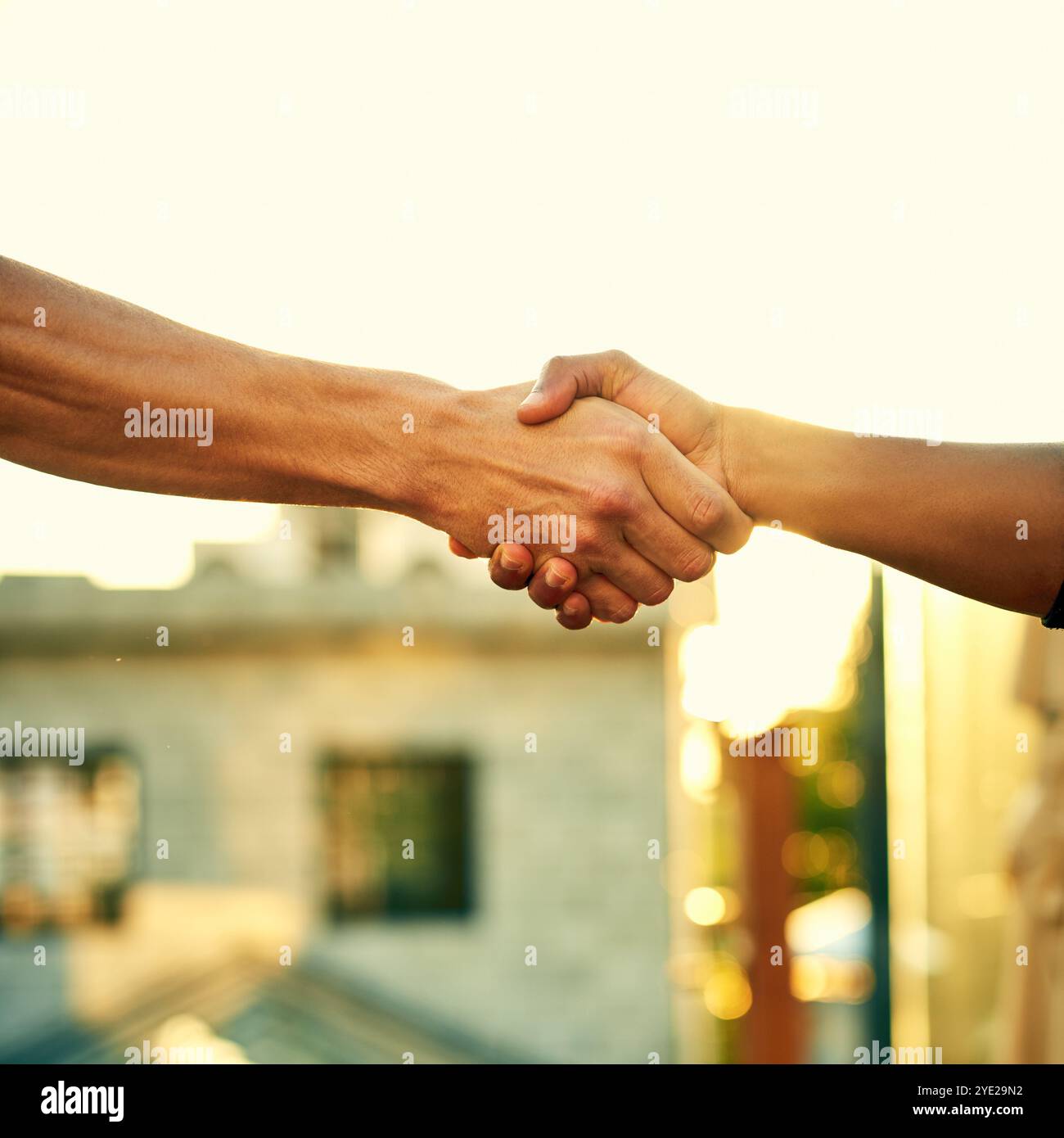 People, handshake and support for agreement in town, community and ...