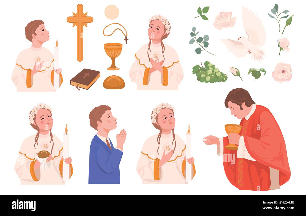 Vector set of First Communion clip art. Boy and girl praying, priest ...
