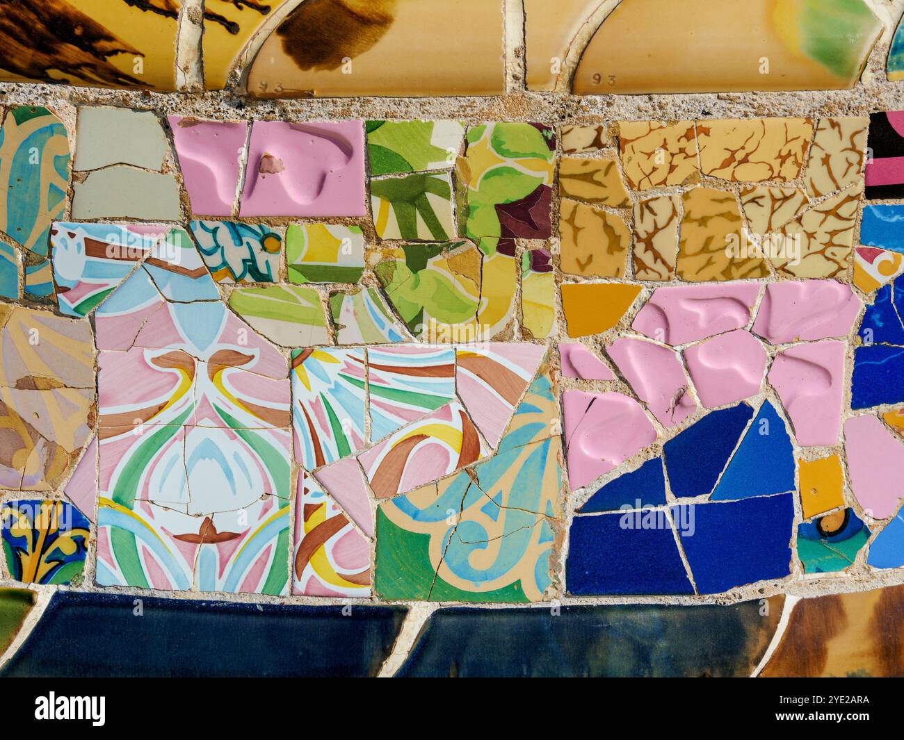 Mosaic Serpentine Bench at the Main Terrace, detailed view, Park Guell ...