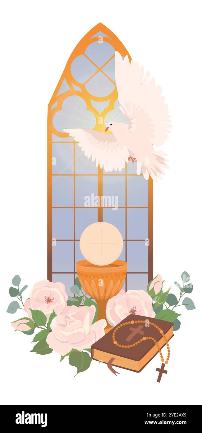 Decorated altar in the church. Elements for the first communion - bread ...