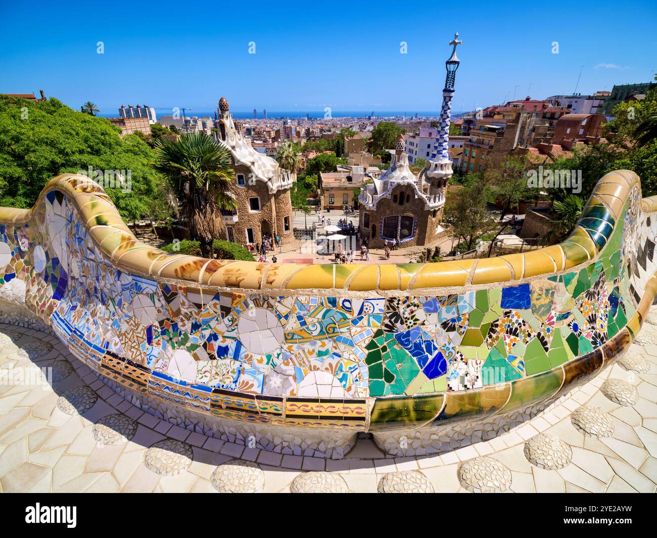 Mosaic Serpentine Bench at the Main Terrace, Park Guell, Barcelona ...