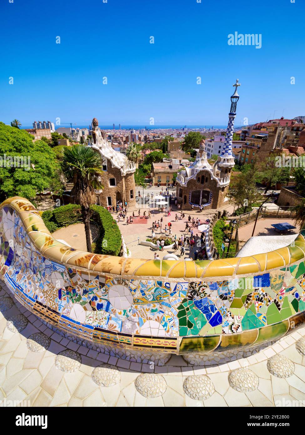 Mosaic Serpentine Bench at the Main Terrace, Park Guell, Barcelona ...