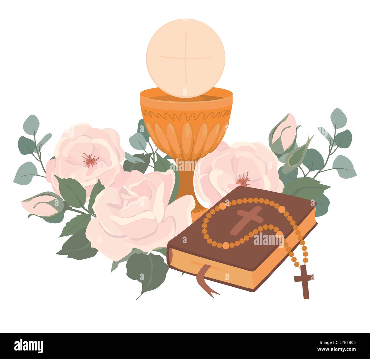 Golden cup, Bible and bread. Vector icon of the first communion. The ...