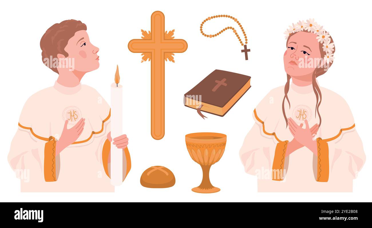 Catholic First Communion Elements. Boy and girl praying and preparing ...