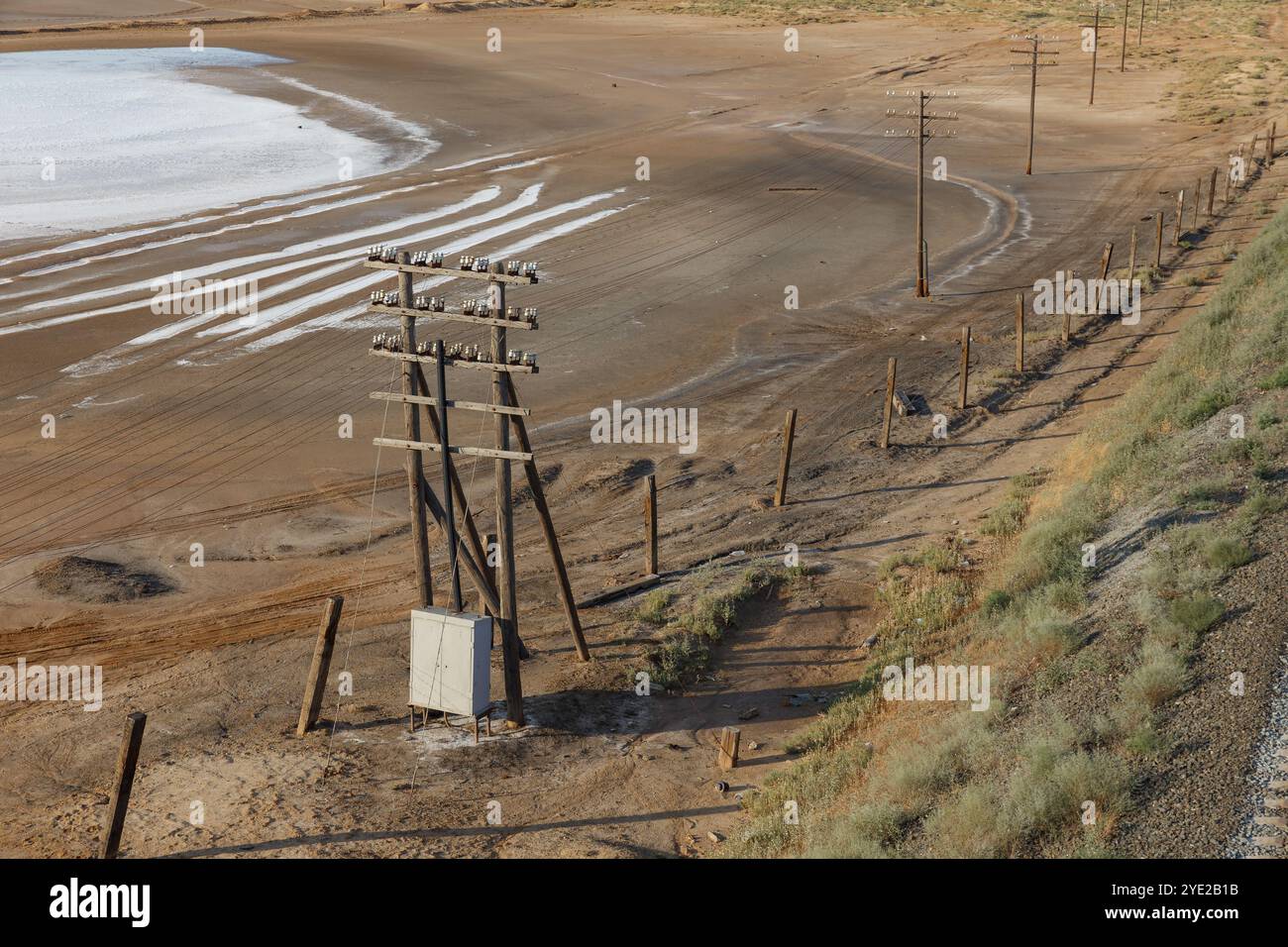 Overhead communication line on wooden supports along the railway near a ...