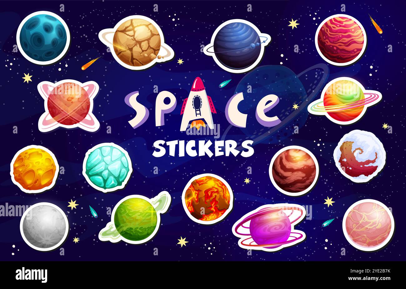 Stickers of alien galaxy planets and stars on fantasy space starry sky ...