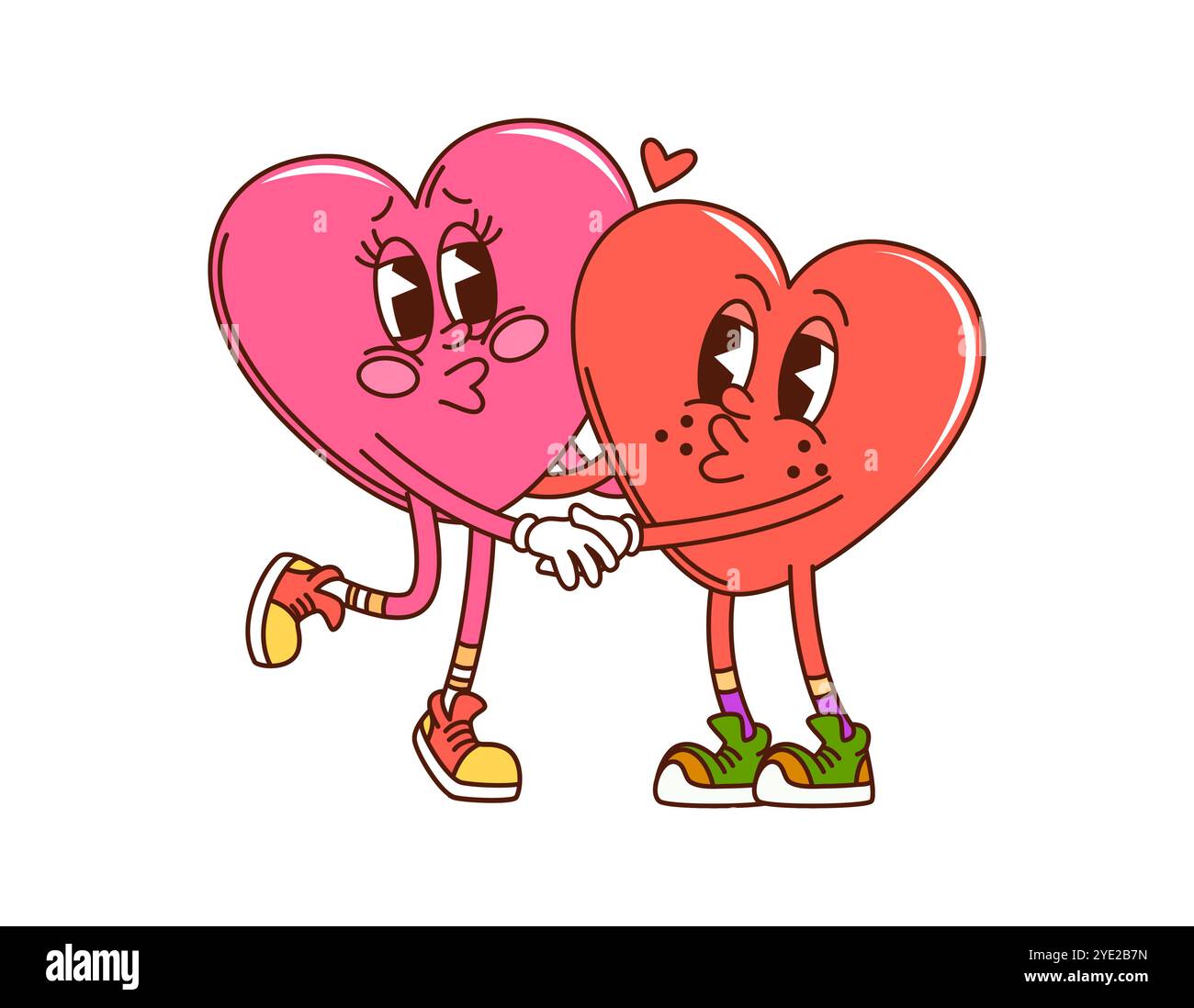Cartoon groovy two heart characters holding hands. Love symbols ...