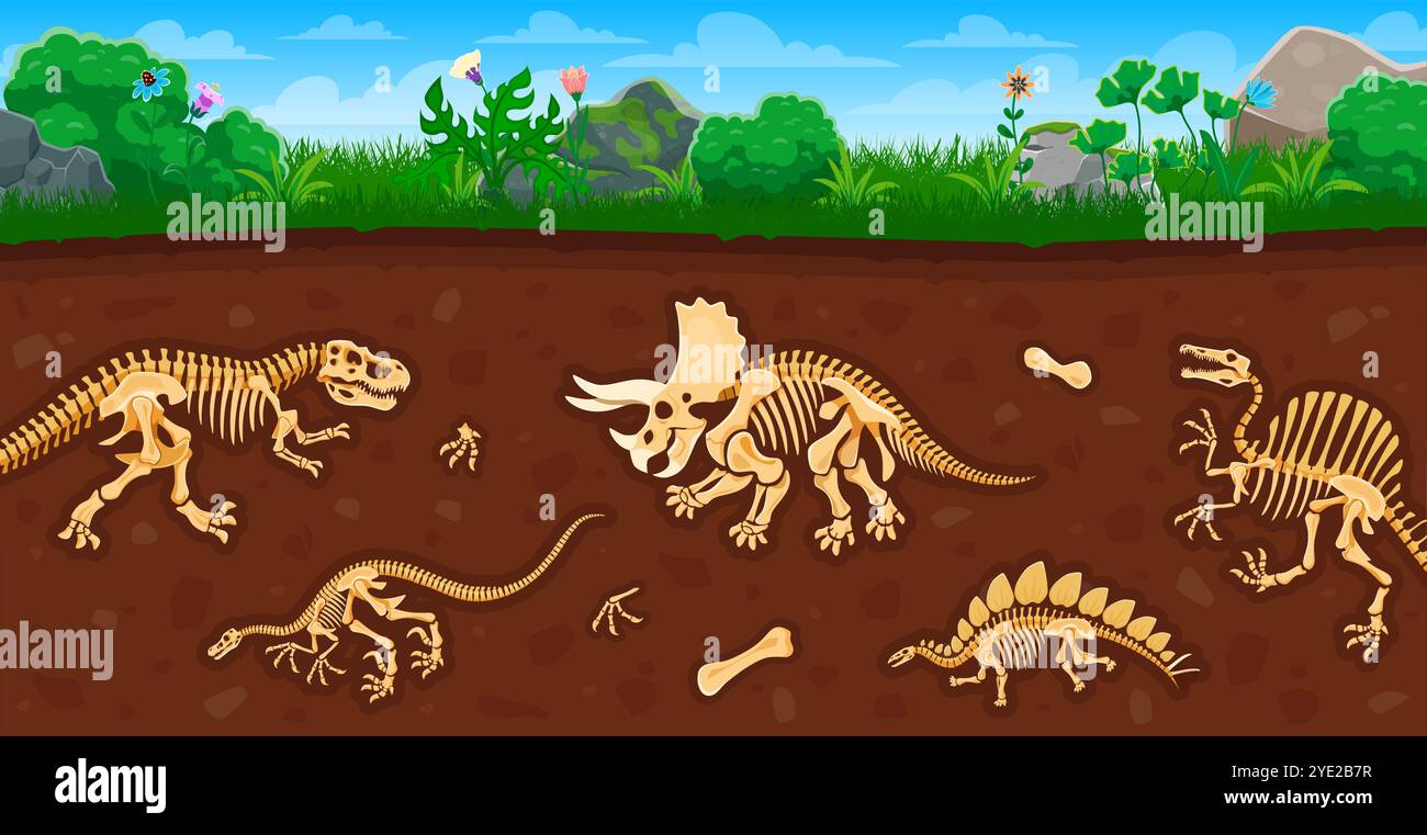 Archeology and paleontology dinosaur fossil in soil layers. Cartoon ...