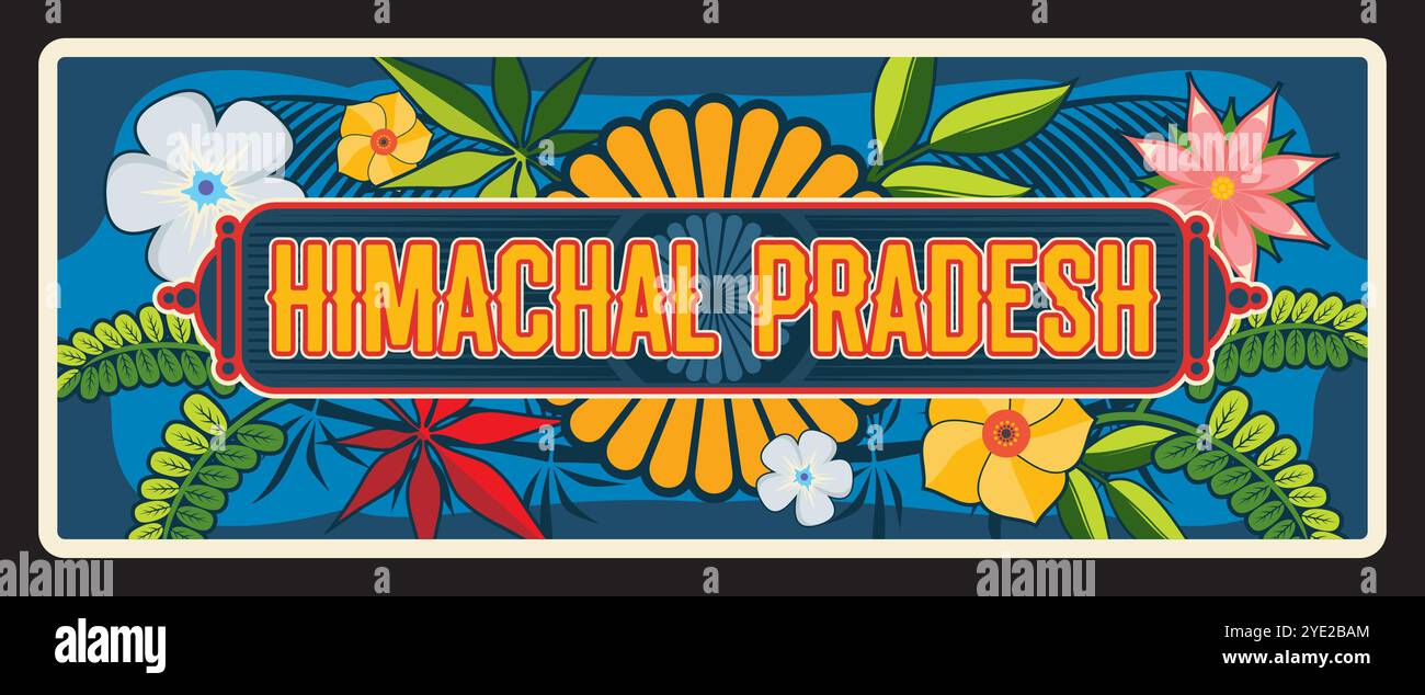 Himachal Pradesh Indian sign retro travel plate with flowers background ...