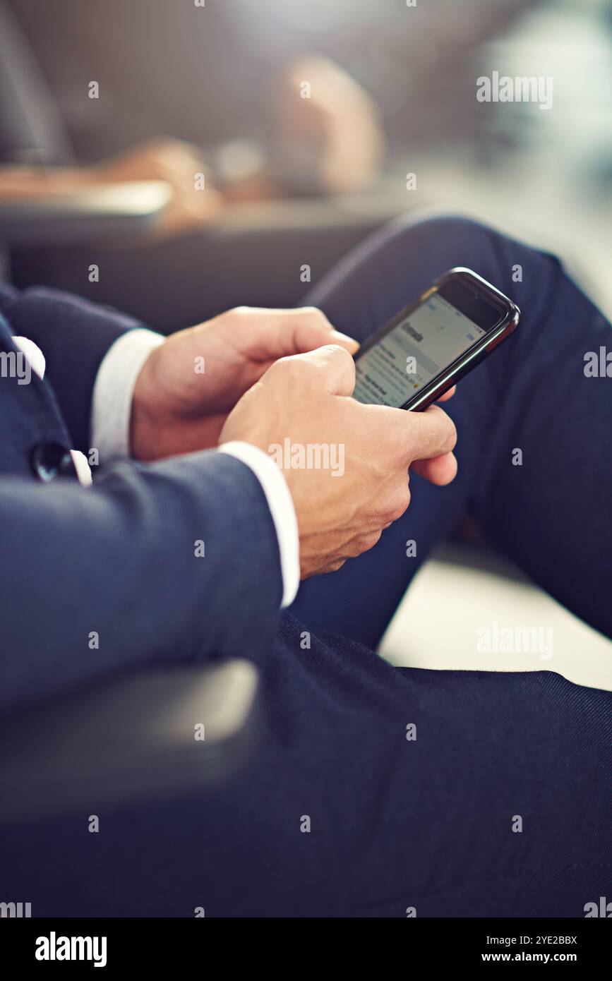 Hands, businessman and mobile phone for research, app and scroll in ...