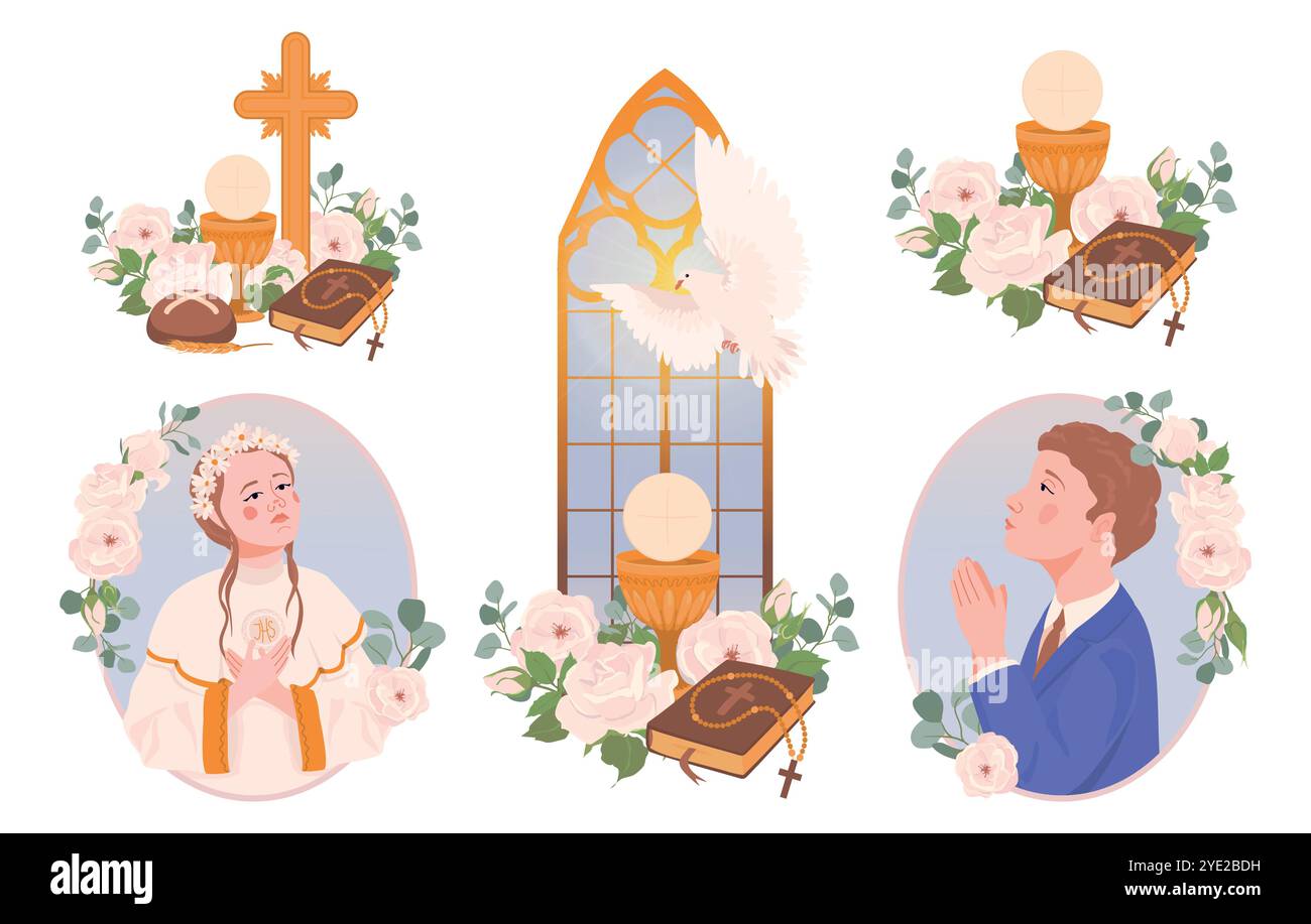 First Communion clipart set. Vector compositions with church attributes ...