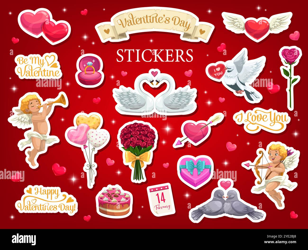 Cartoon valentine stickers. Vector set of Valentines day love patches. Hearts, swans, balloons ...