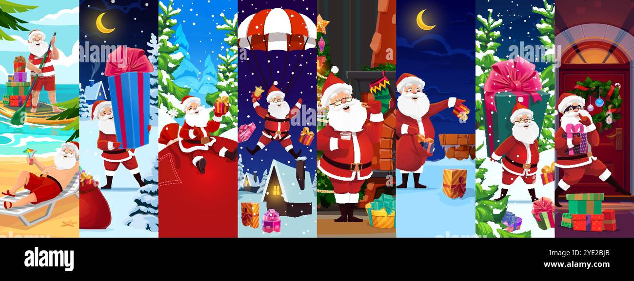 Christmas holiday Santa characters collage. Cartoon vector scenes with ...