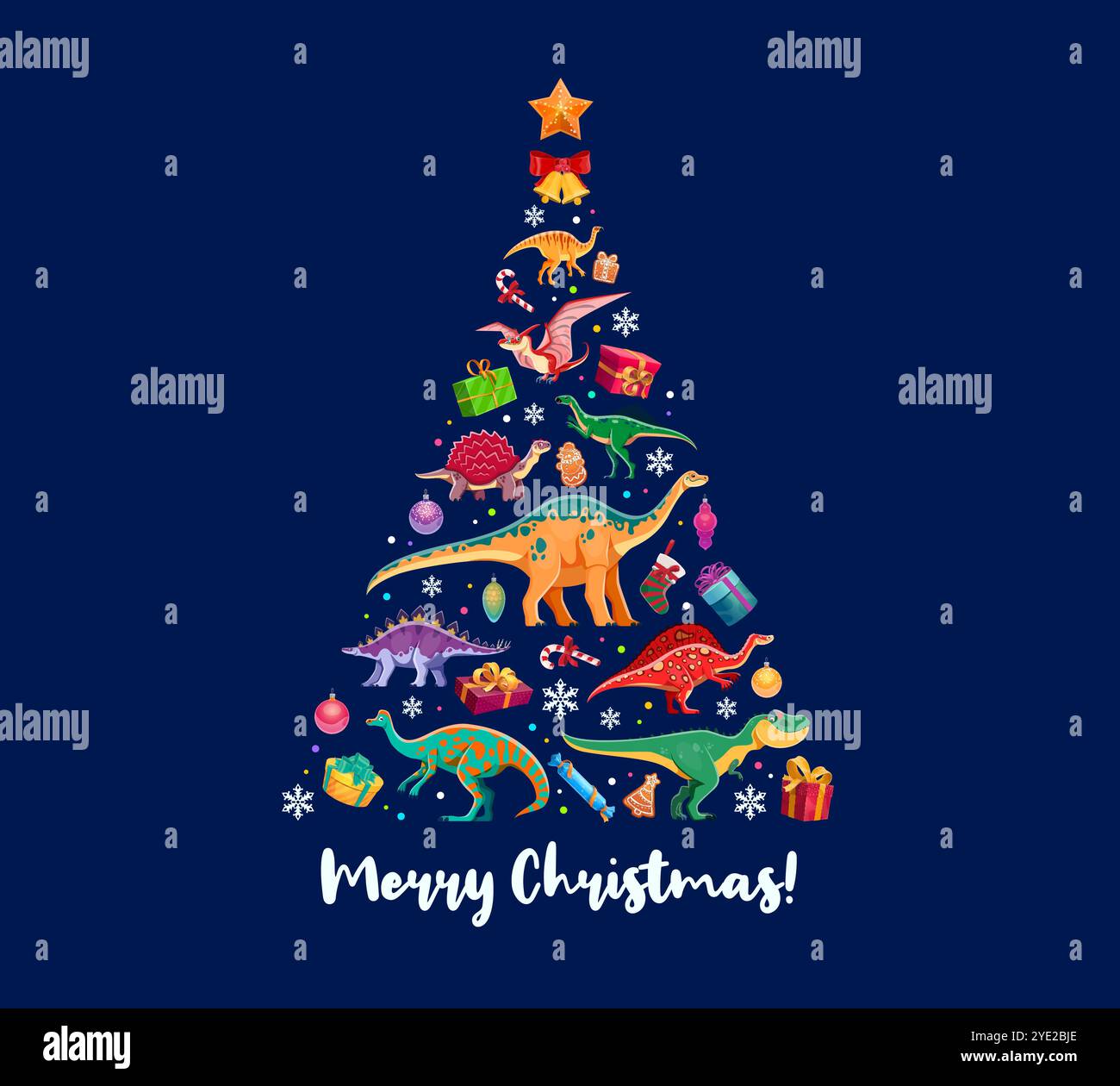 Christmas dinosaurs tree decorated with cartoon dino species, ornaments ...