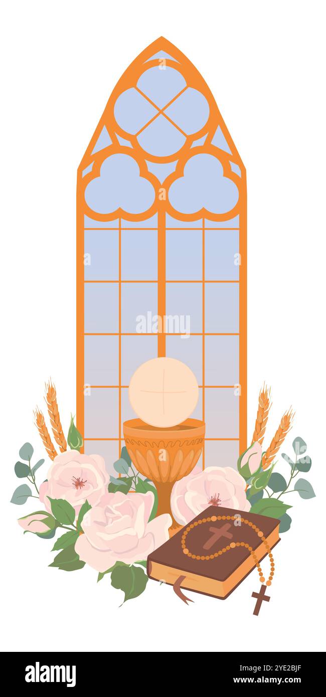 Golden cup, Bible and bread. Vector icon of the first communion. The ...