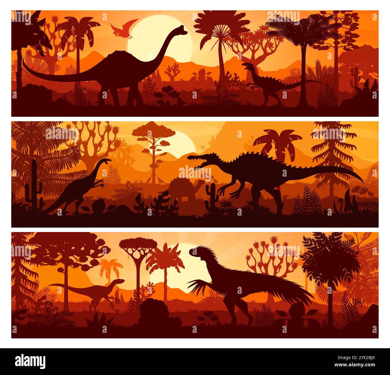 Prehistoric era dinosaurs at forest sunset landscape. Vector horizontal ...