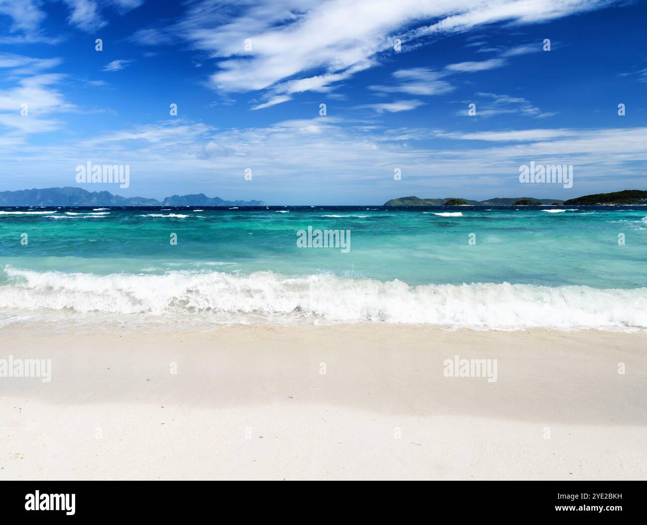 White sand beach and blue sky. Coron, Busuanga island, Palawan province ...