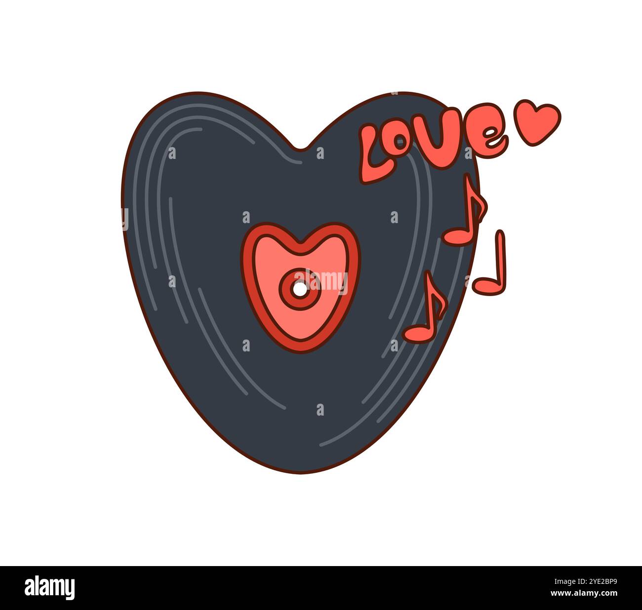 Cartoon groovy groovy heart-shaped vinyl disk with musical notes and ...
