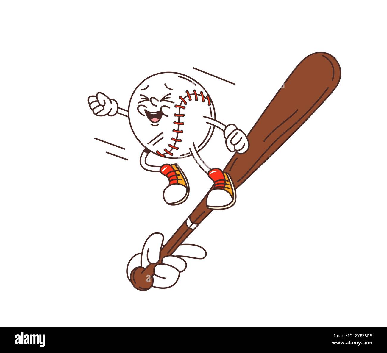 Cartoon retro groovy baseball ball character and bat, vector funny sport comic emoji. Groovy ...