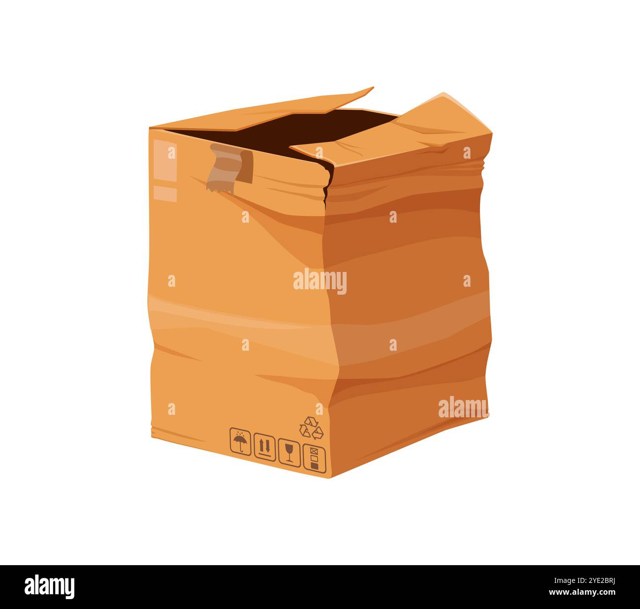 Damaged crumpled cardboard delivery box. Broken and ripped cargo parcel ...