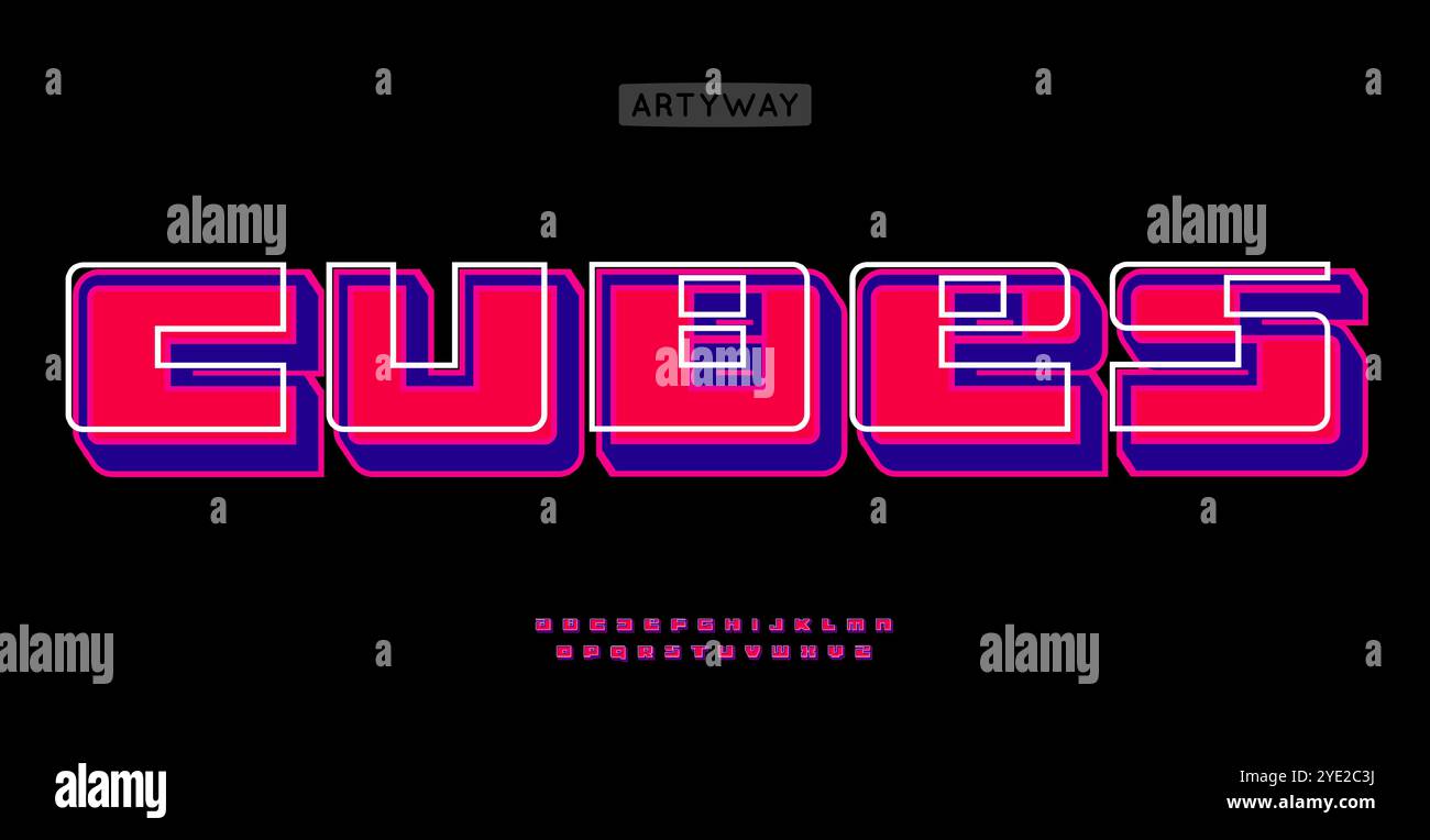8-bit arcade alphabet, retro neon typography, bold squared letters with ...