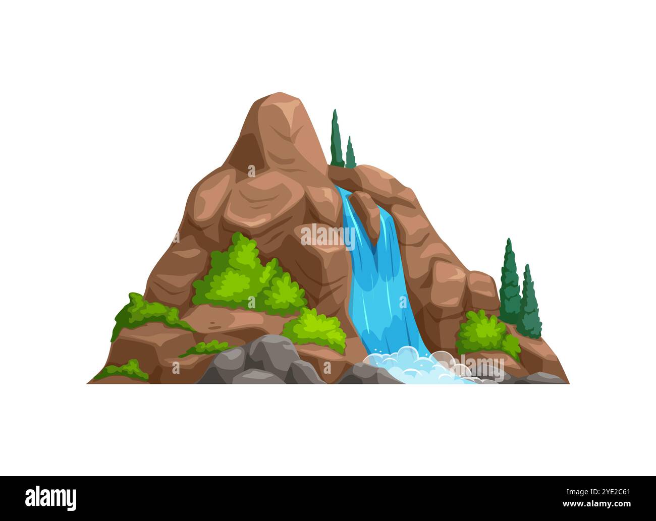 Mountain waterfall with forest trees of prehistoric dinosaur era ...