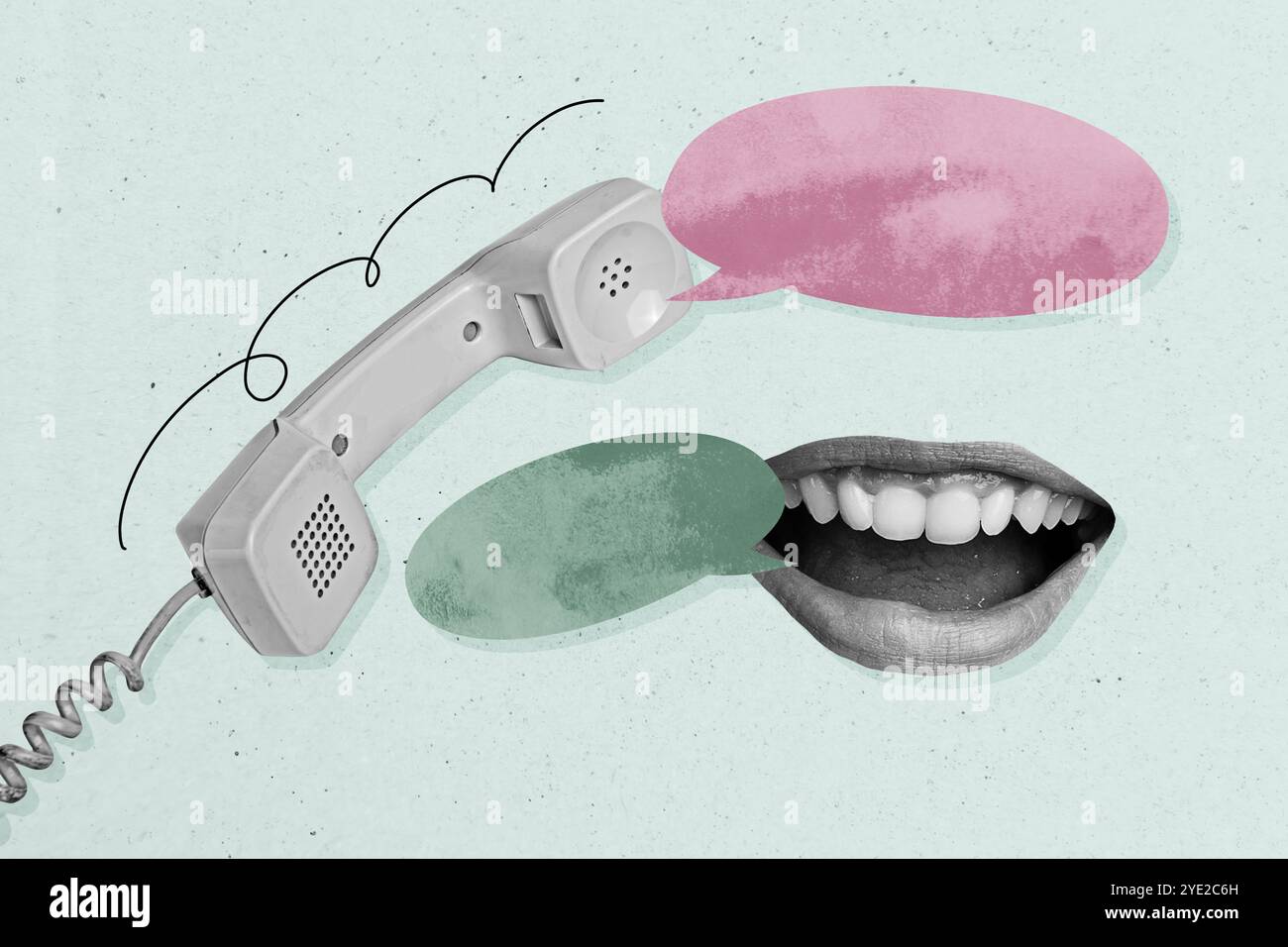 Creative collage mouth fragment face telephone speech communication ...