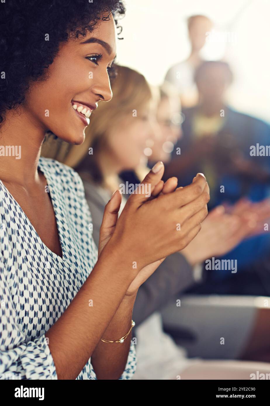 Group, business woman and applause with diversity in seminar for ...