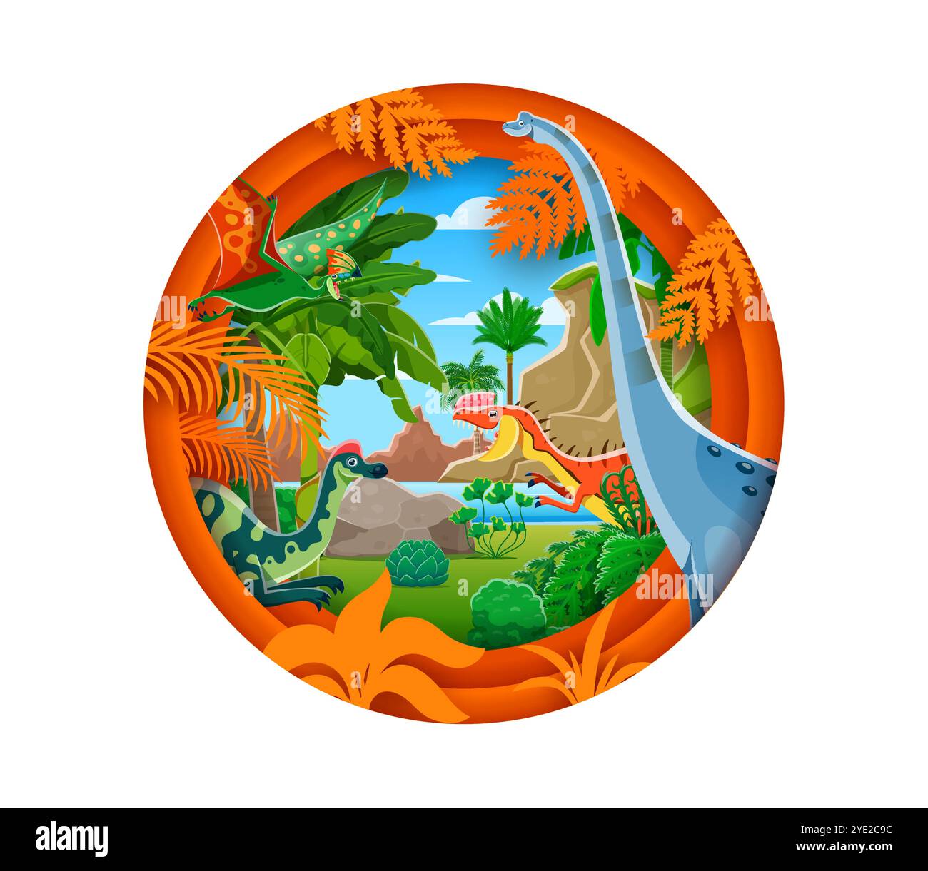 Paper cut banner with prehistoric flying and carnivore dinosaurs ...