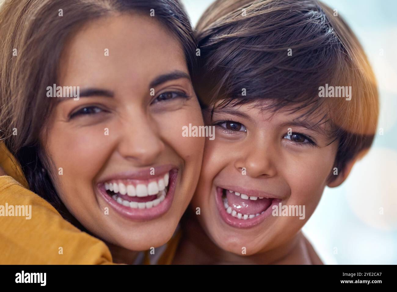 Hug, laugh and portrait of mom with child for bonding, loving relationship and relax together in ...