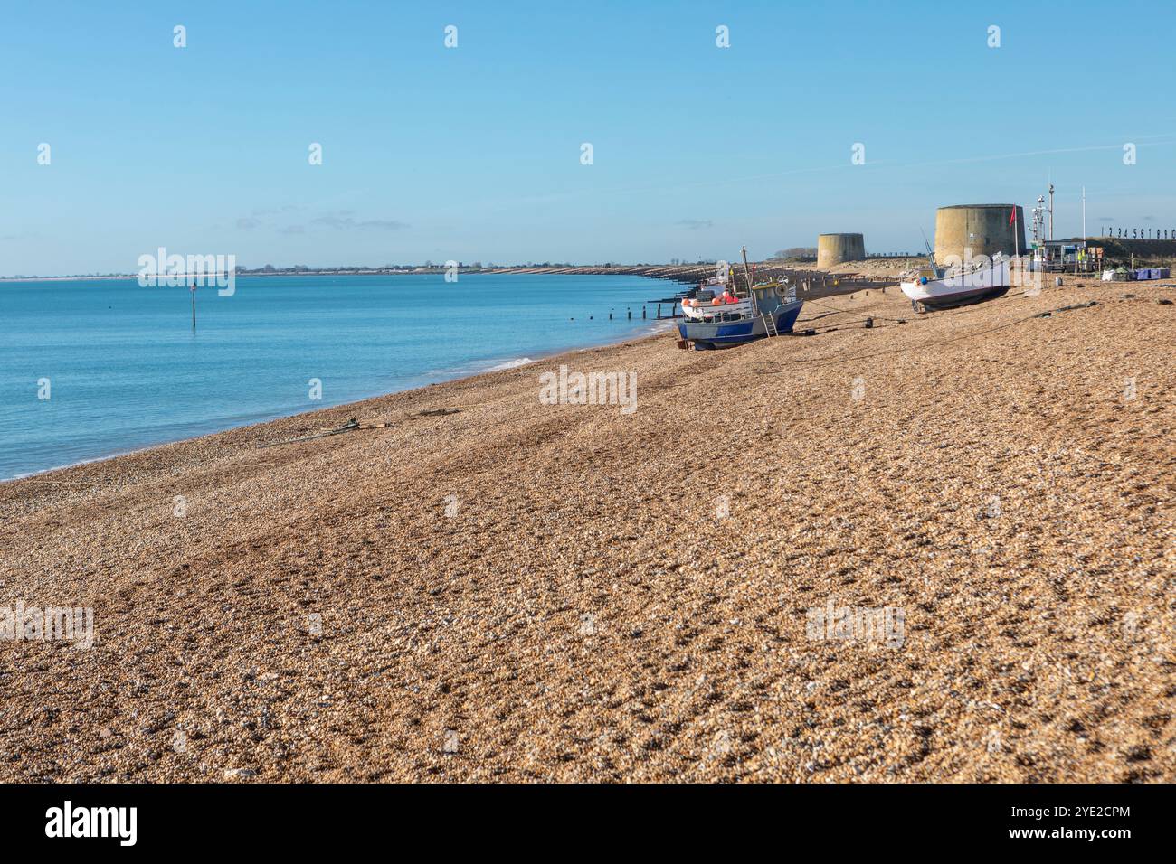 A deserted Fisherman's Beach with fishing boats in Hythe, Kent Stock ...