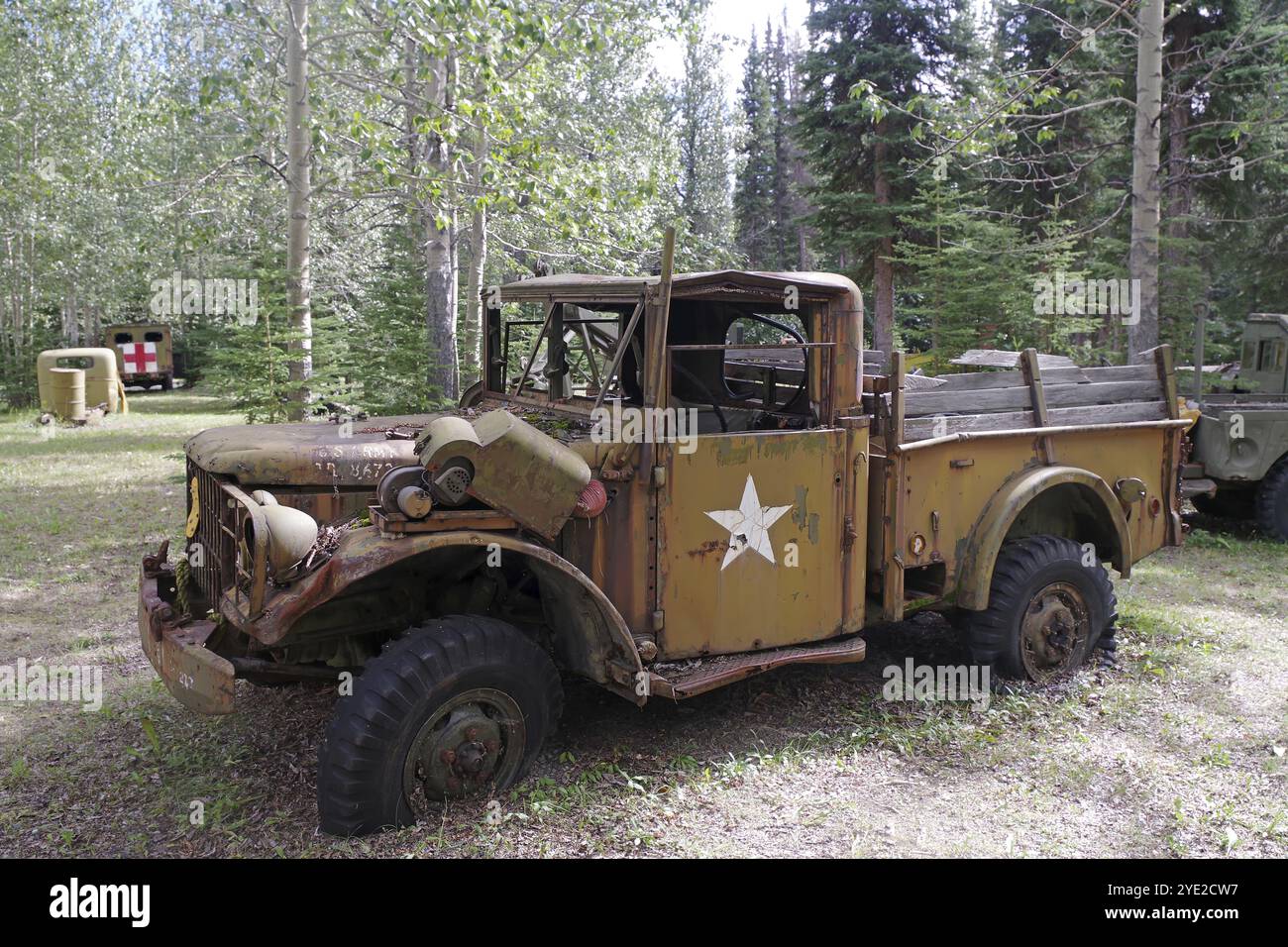 A rusty old army vehicle from the 1940s with a star, surrounded by ...