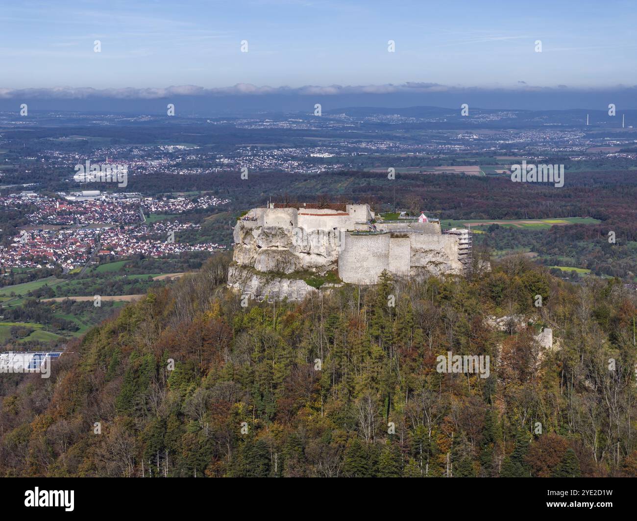 Hohenneuffen castle ruins in the Swabian Alb in autumn. Aerial view ...