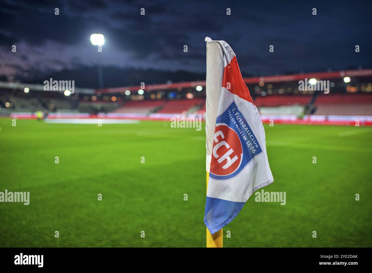 Corner flag, logo 1. FC Heidenheim FCH, stadium interior, evening ...