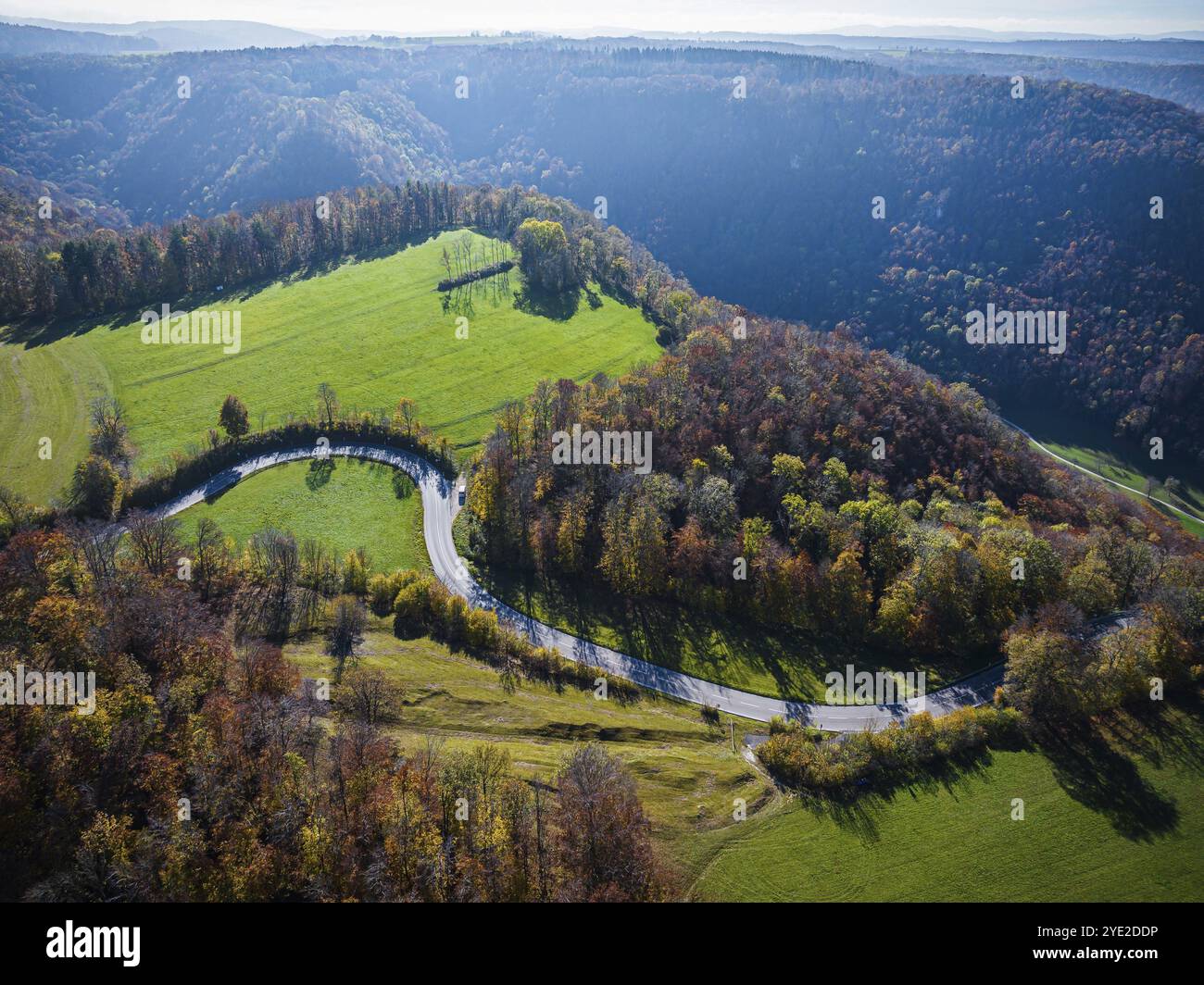 Country road near Lenningen with winding road, landscape on the Swabian ...