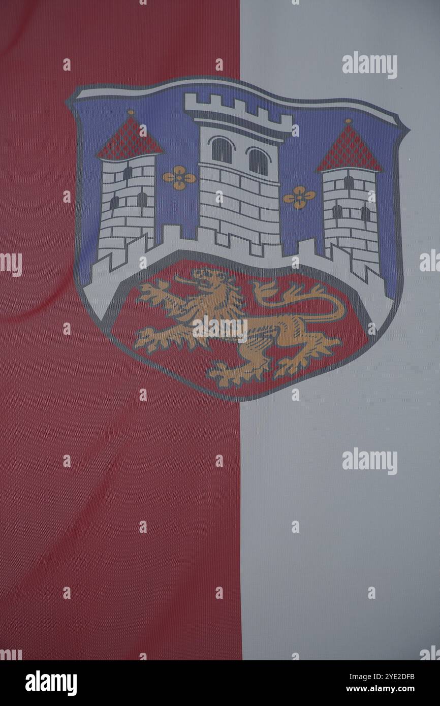 Town flag and town coat of arms with lion figure and three towers, red ...
