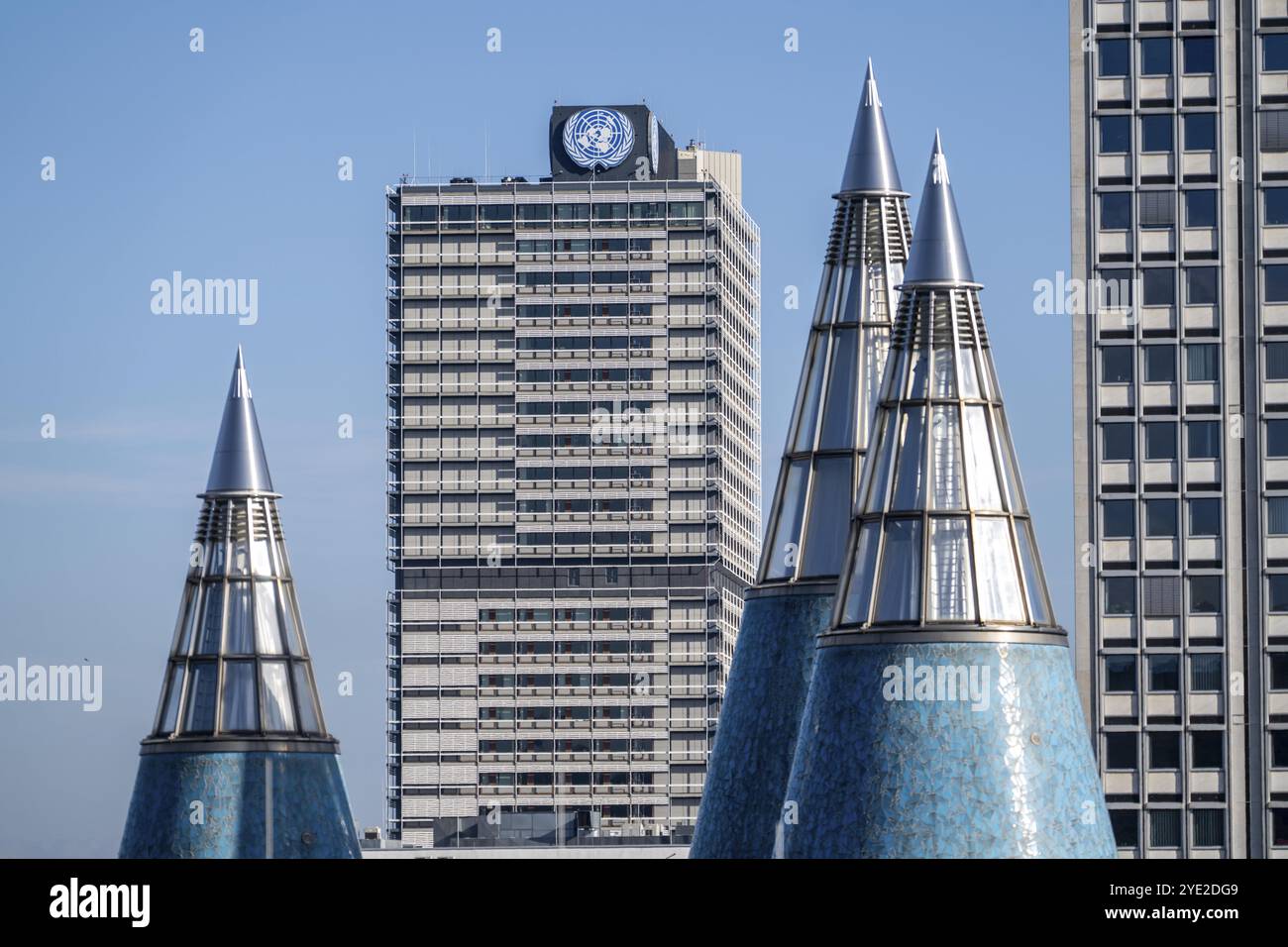 Building of the UN Campus in Bonn, towers, light cone of the ...