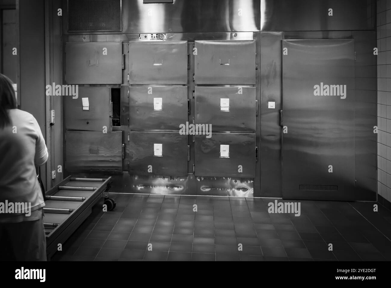 Hospital, morgue, pathology, cold room with metal doors and sterile ...