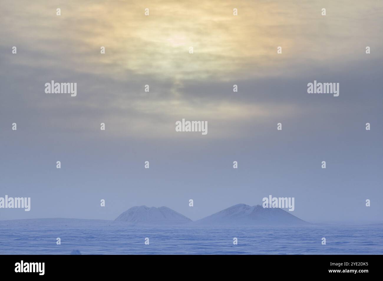 Pingo, mound, permafrost, Arctic, cold, snow, clouds, near Tuktoyaktuk ...