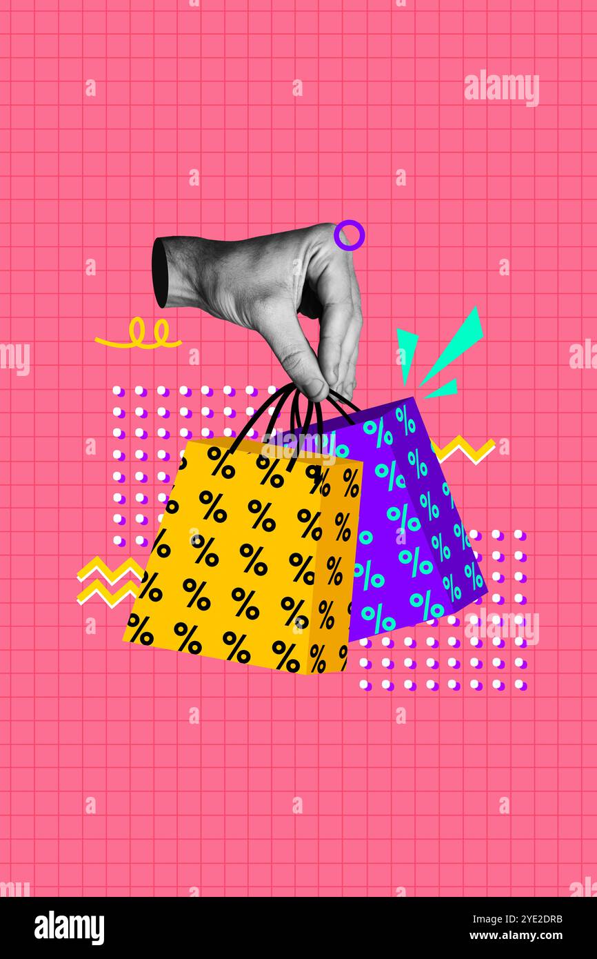 Vertical poster collage 3d hand body fragment packages shopping bags ...