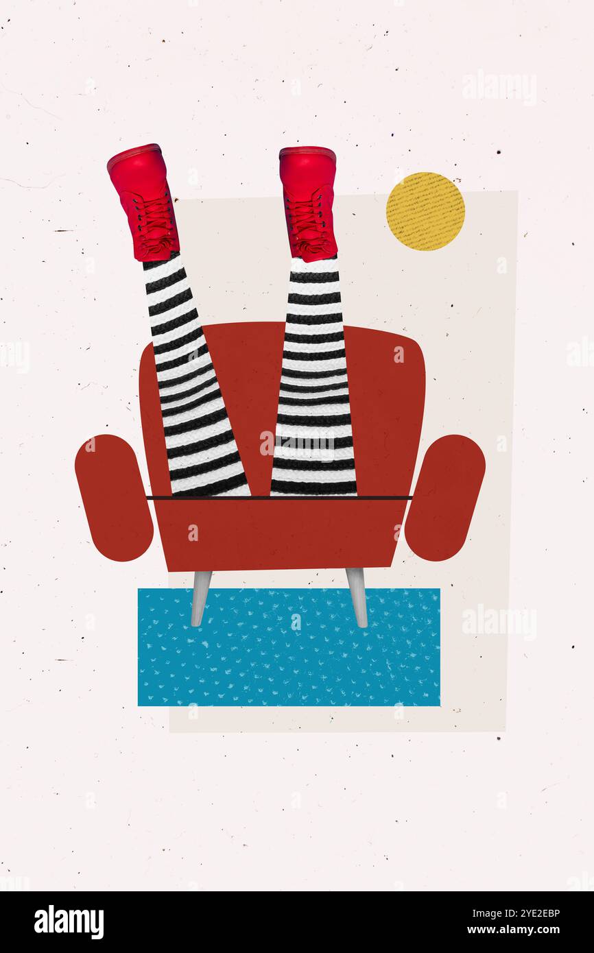 Vertical photo collage of anonym girl legs lay armchair loft room ...